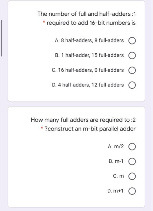 Solved The number of full and half-adders :1 * required to | Chegg.com