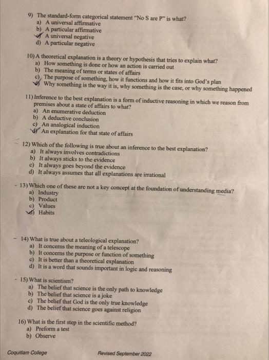 9) The standard-form categorical statement "No S are | Chegg.com