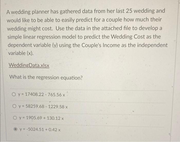 Solved A wedding planner has gathered data from her last 25 | Chegg.com
