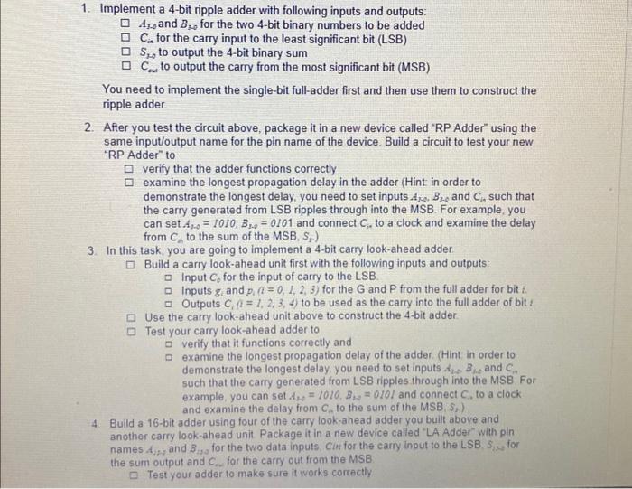Solved 1. Implement a 4-bit ripple adder with following | Chegg.com