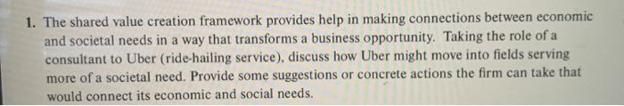 Solved 1. The shared value creation framework provides help | Chegg.com