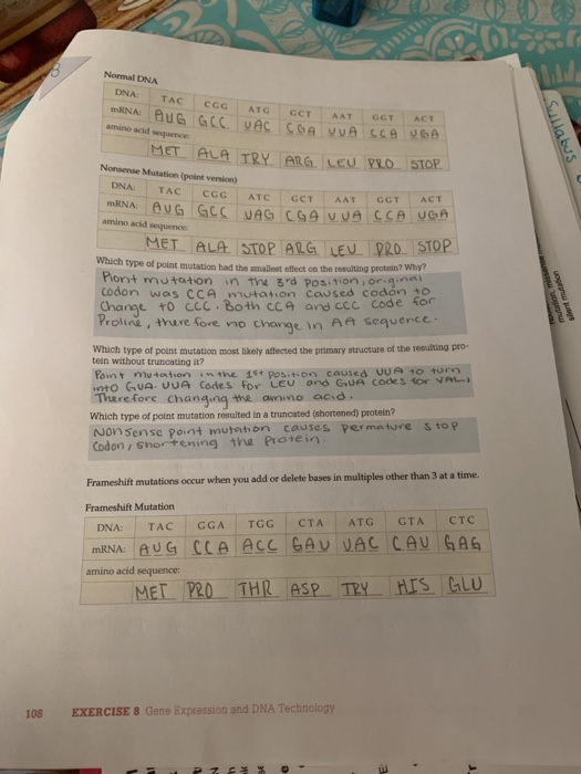 Solved Normal DNA DNA: TAC TAC COG con ATG CCTAAT OGT ACT | Chegg.com