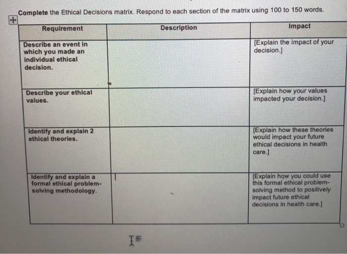 Solved Complete the Ethical Decisions matrix. Respond to | Chegg.com