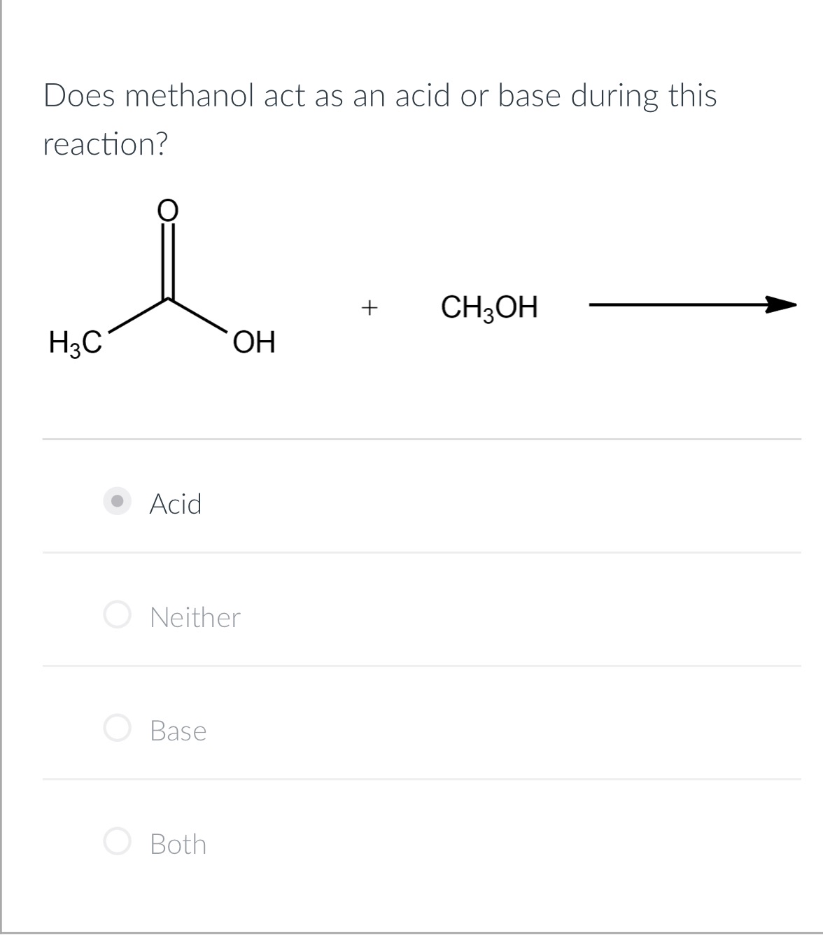 Solved Does methanol act as an acid or base during this | Chegg.com