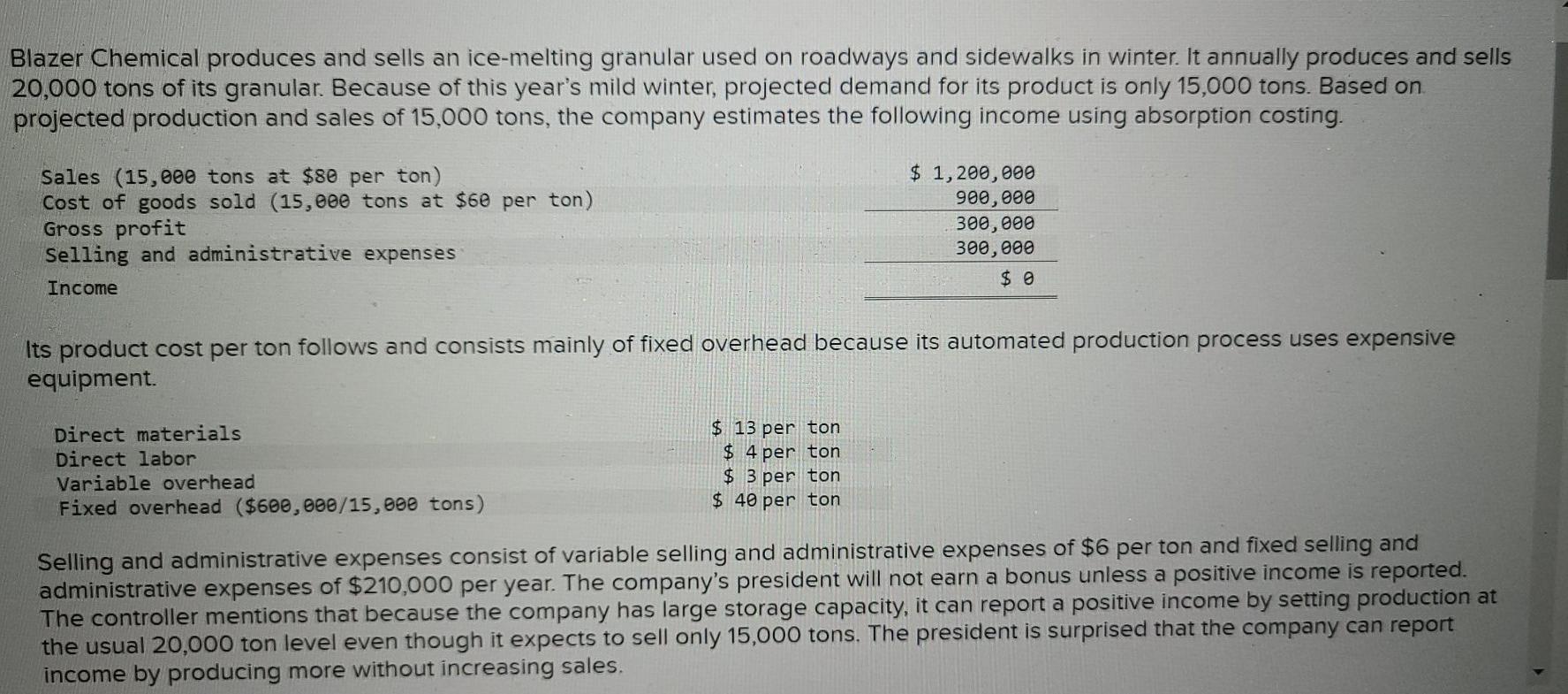 Solved Blazer Chemical Produces And Sells An Ice melting Chegg