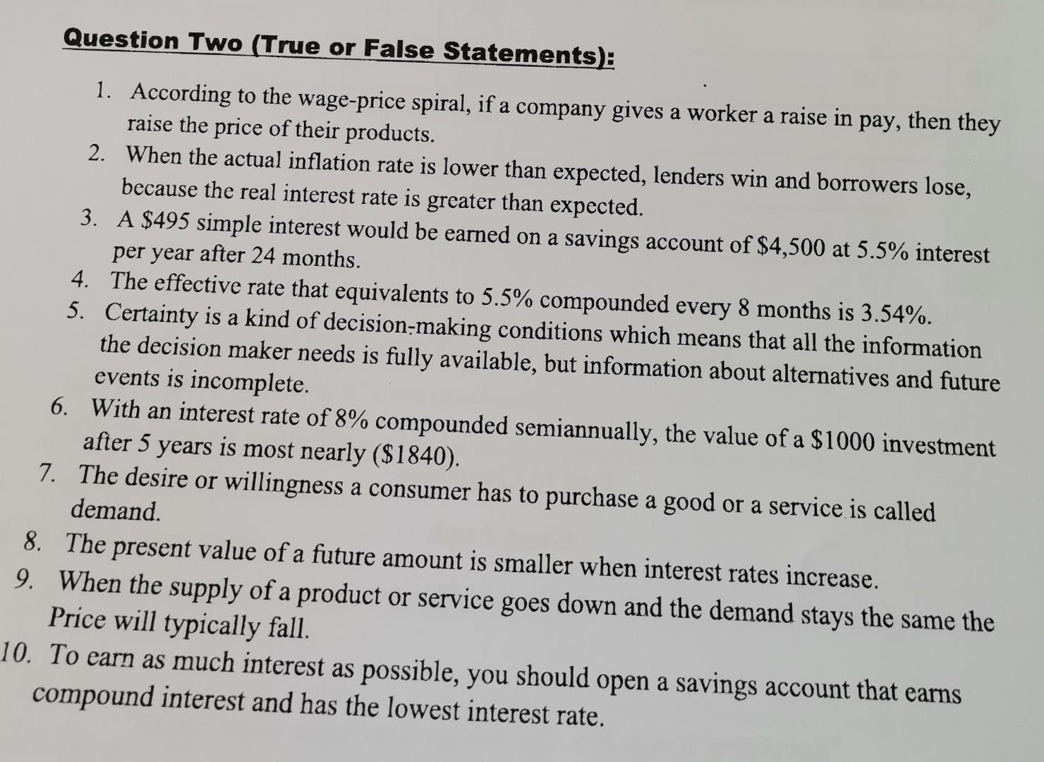 Solved Question Two (True or False Statements): 1. According | Chegg.com