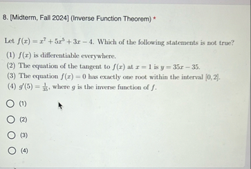 Solved [Midterm, ﻿Fall 2024] (Inverse Function Theorem) *Let | Chegg.com