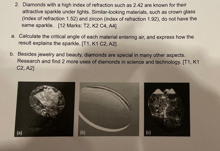 Solved 2. Diamonds with a high index of refraction such as | Chegg.com