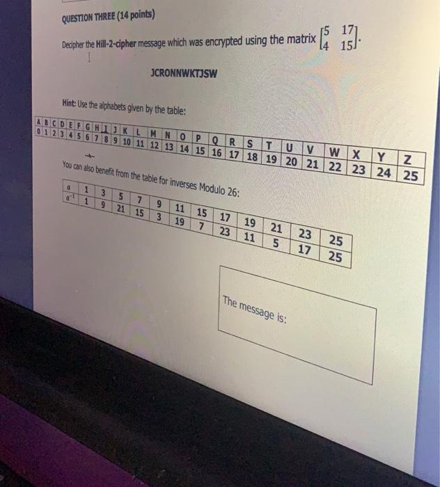 Solved QUESTION THREE (14 points) Decipher the Hill-2-cipher | Chegg.com