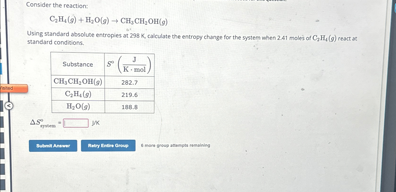 Solved Consider the reaction:C2H4(g)+H2O(g)→CH3CH2OH(g)Using | Chegg.com