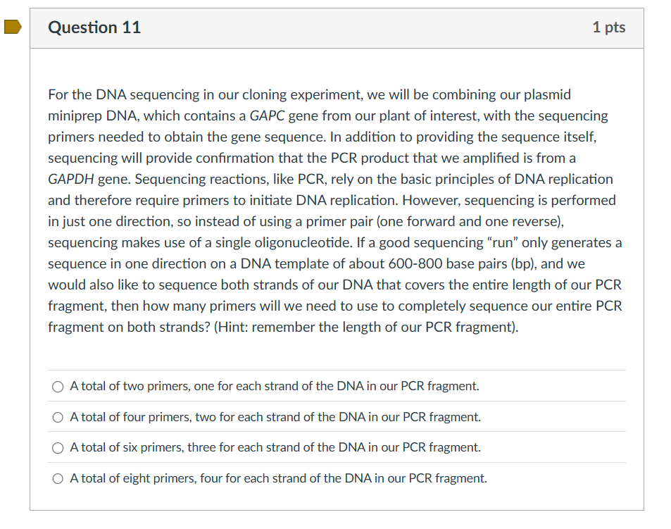 Solved Question 11 ﻿For the DNA sequencing in our cloning | Chegg.com