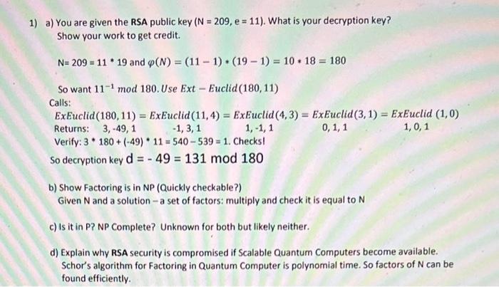 Solved 1) a) You are given the RSA public key (N=209,e=11 ). | Chegg.com