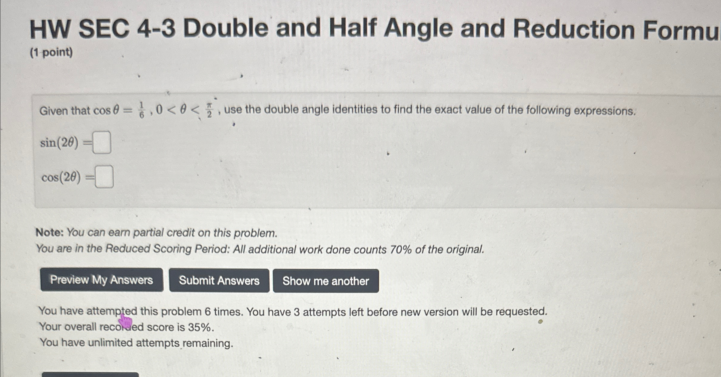 Solved HW SEC 4-3 ﻿Double and Half Angle and Reduction Formu | Chegg.com