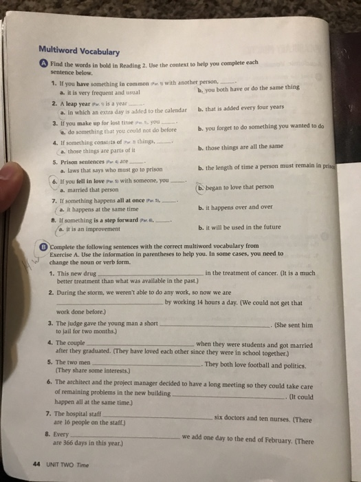 Multiword Vocabulary A Find the words in bold in | Chegg.com