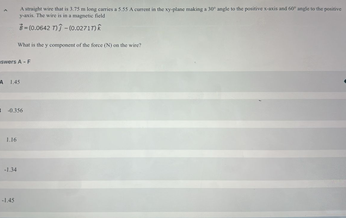 Solved A straight wire that is 3.75m ﻿long carries a 5.55A | Chegg.com