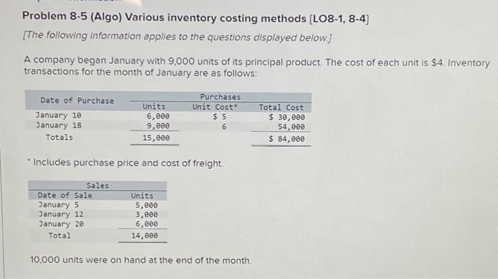 Solved Problem 8-5 (Algo) Various inventory costing methods | Chegg.com