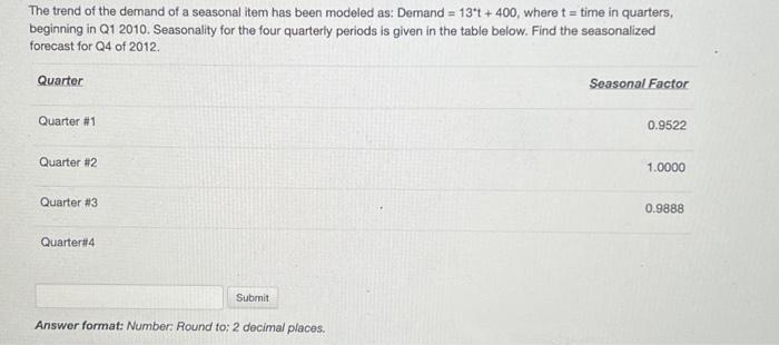 Solved The trend of the demand of a seasonal item has been | Chegg.com