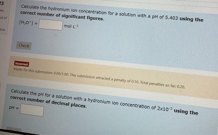 Solved Calculate the hydronium ion concentration for a | Chegg.com