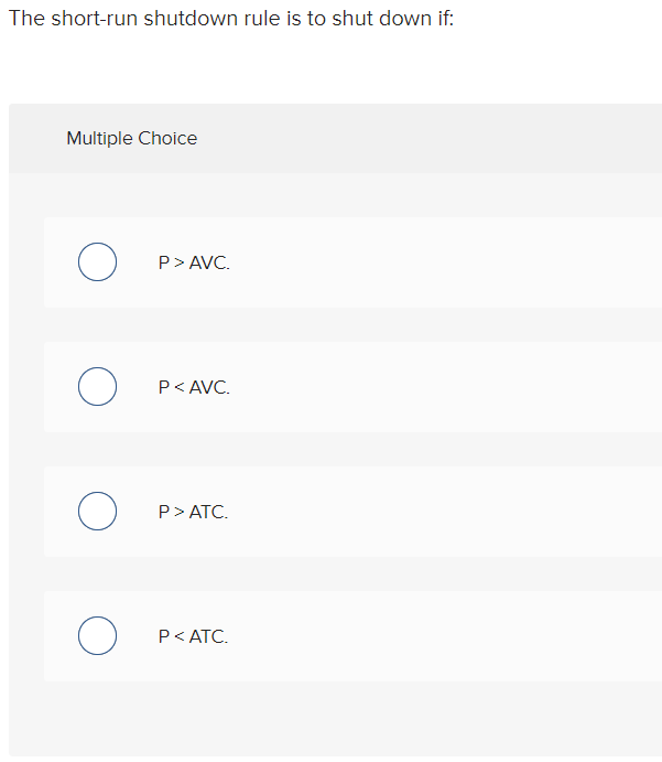 Solved The short-run shutdown rule is to shut down | Chegg.com