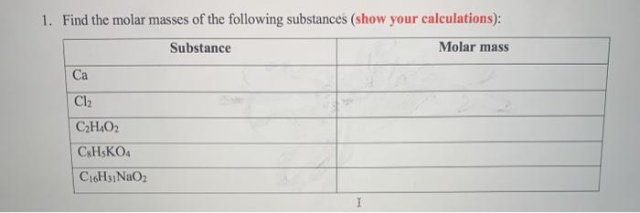 Solved 1. Find the molar masses of the following substances | Chegg.com