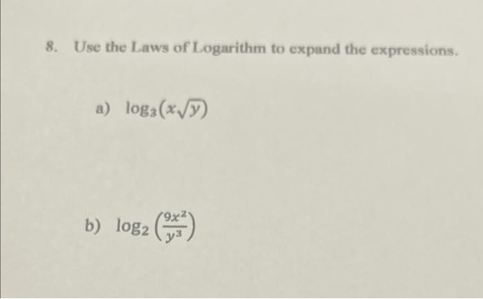 Solved 8. Use the Laws of Logarithm to expand the | Chegg.com