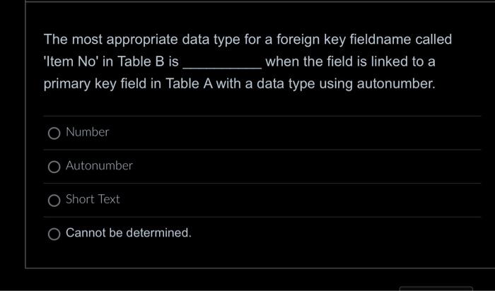 Solved The most appropriate data type for a foreign key | Chegg.com