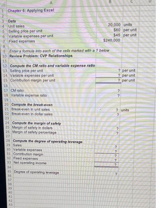 Solved Required information Chapter 6: Applying Excel Excel | Chegg.com