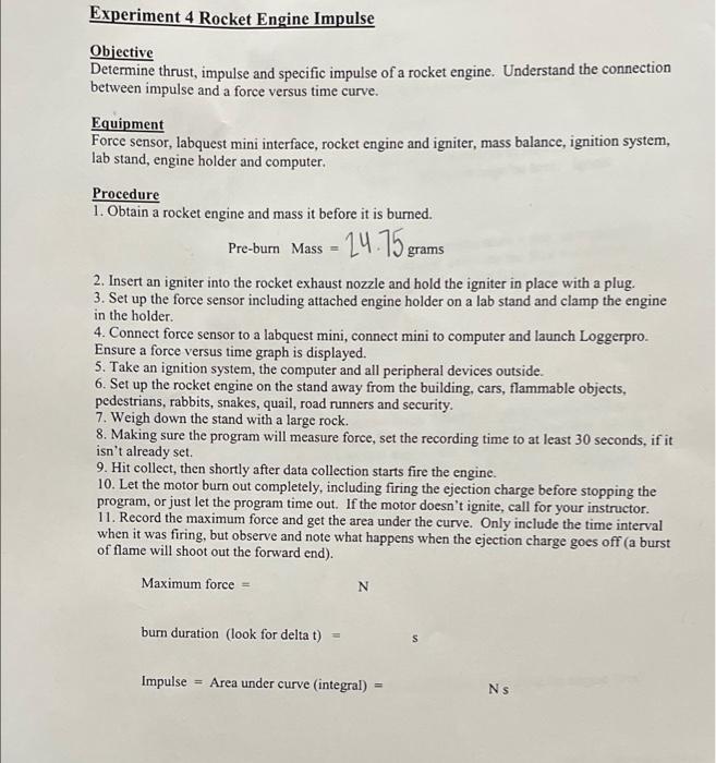 Solved Experiment 4 Rocket Engine Impulse Objective | Chegg.com