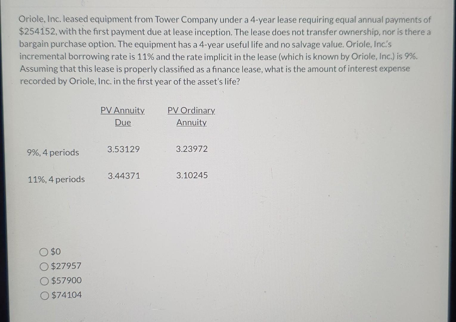 Solved Oriole, Inc. leased equipment from Tower Company | Chegg.com