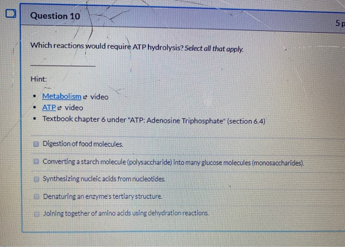 Solved Question 10 5p Which reactions would require ATP | Chegg.com