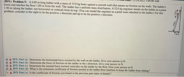 Solved (20\%) Problem 5: A 4.00 m long ladder with a mass of | Chegg.com