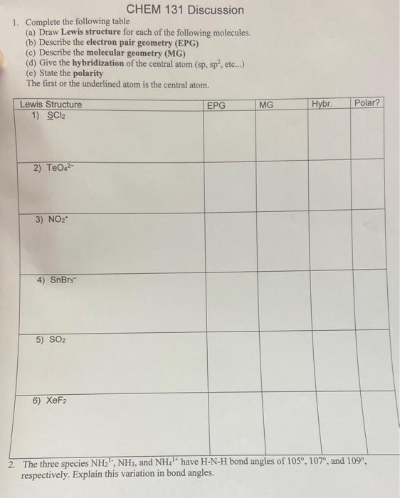 Solved 1. Complete the following table (a) Draw Lewis | Chegg.com
