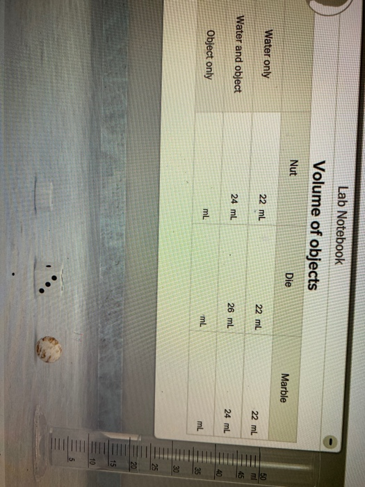 Solved Lab Notebook Volume of objects Nut Die Marble Water | Chegg.com