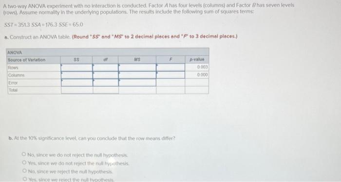 Solved A two-way ANOVA experiment with no interaction is | Chegg.com