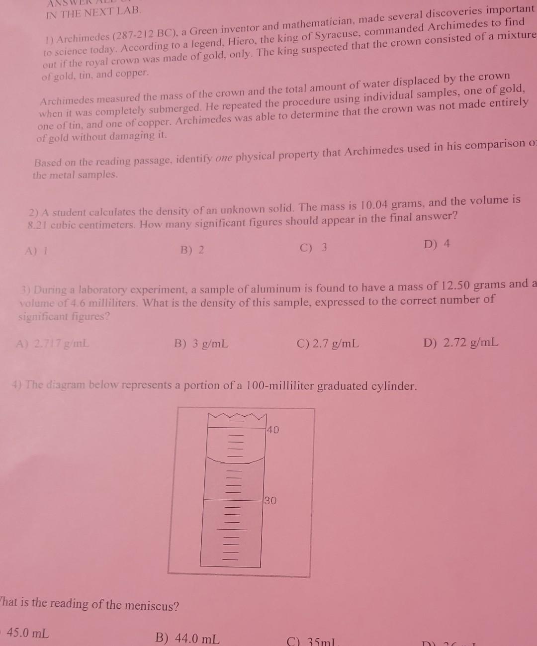 Solved IN THE NEXT LAB 1) Archimedes (287-212 BC), a Green | Chegg.com