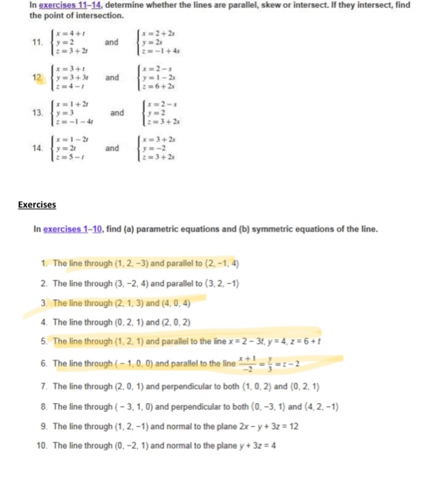 Solved In exercises 11-14, determine whether the lines are | Chegg.com