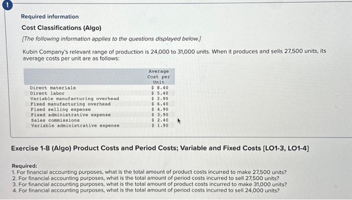 Solved Required information Cost Classifications (Algo) [The | Chegg.com