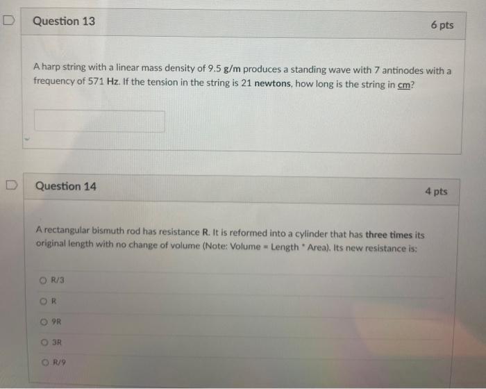 Solved A harp string with a linear mass density of 9.5 g/m | Chegg.com