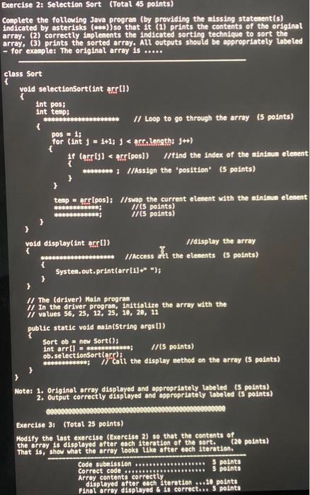 Solved xercise 2i: Selection Sort (Total 45 points) implete | Chegg.com