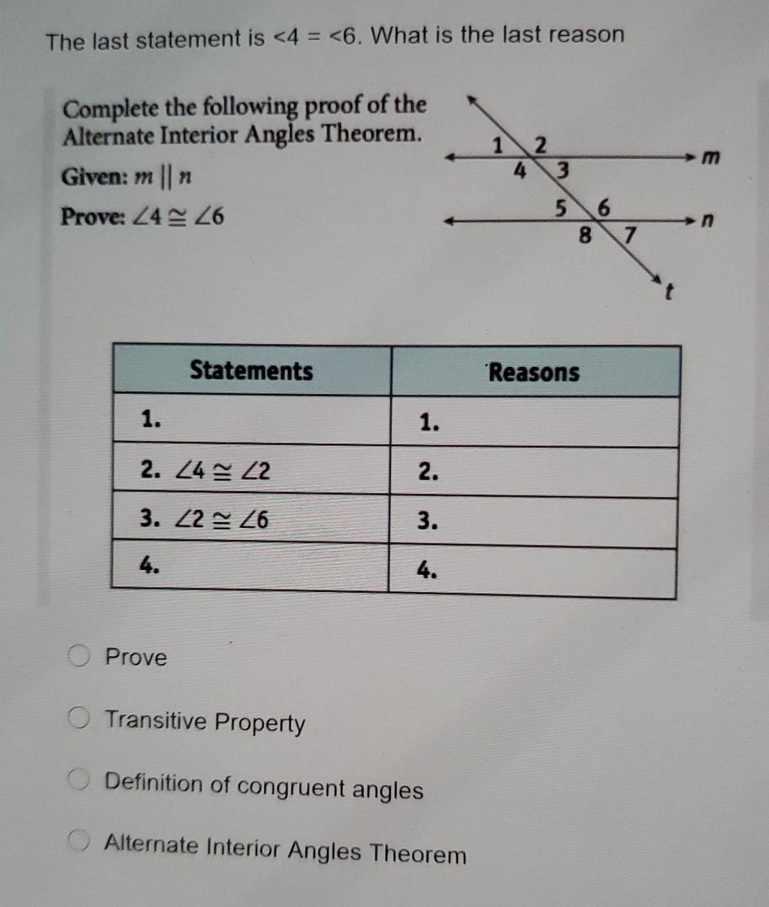 Solved Supply the second reason Complete the following proof | Chegg.com