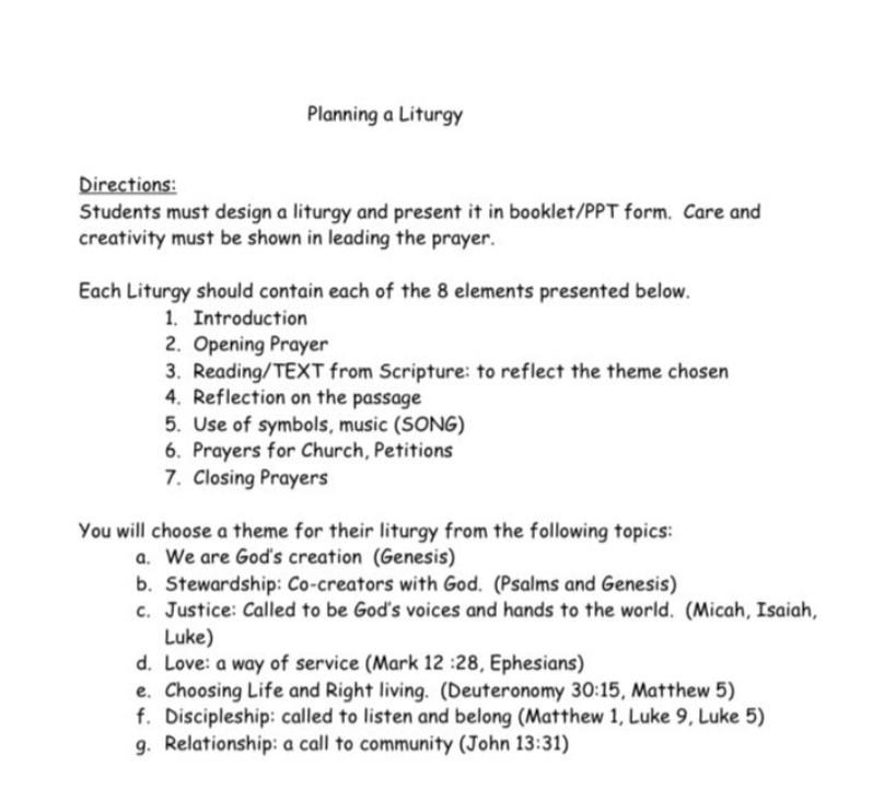 Planning a Liturgy Directions: Students must design a | Chegg.com