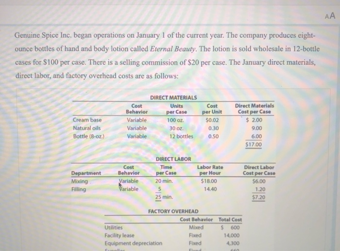 Solved AA Genuine Spice Inc. began operations on January 1 | Chegg.com