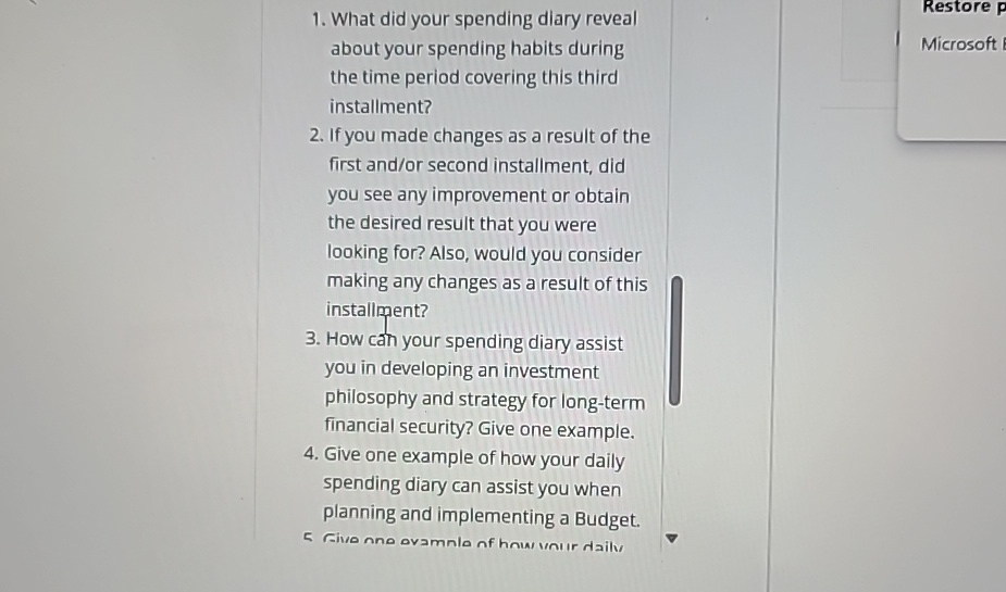 Solved What did your spending diary reveal about your | Chegg.com