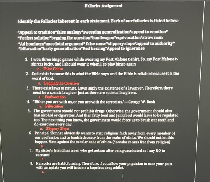 Solved Fallacies Assignment Identify the Fallacies inherent | Chegg.com