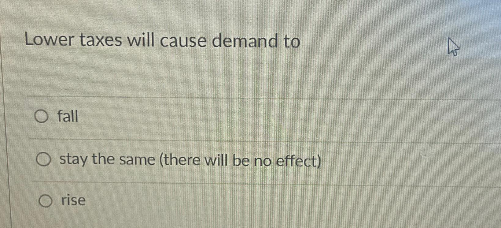 Solved Lower taxes will cause demand tofallstay the same | Chegg.com
