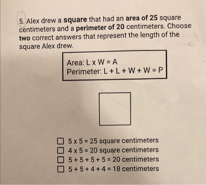 Solved 5. Alex drew a square that had an area of 25 square | Chegg.com