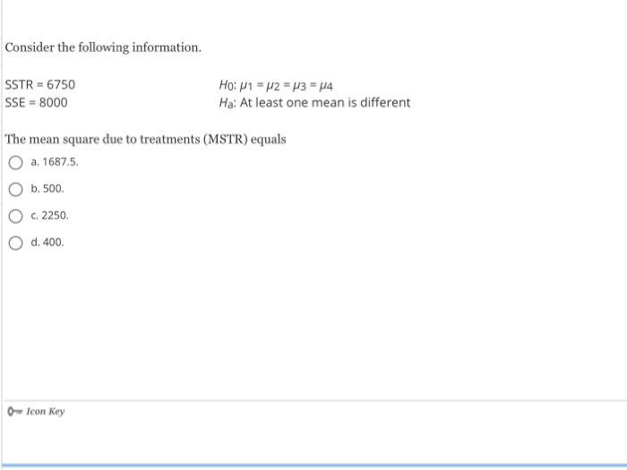 Solved Consider the following information. SSTR =6750 SSE | Chegg.com