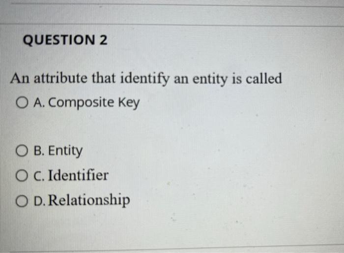 Solved QUESTION 2 An attribute that identify an entity is | Chegg.com