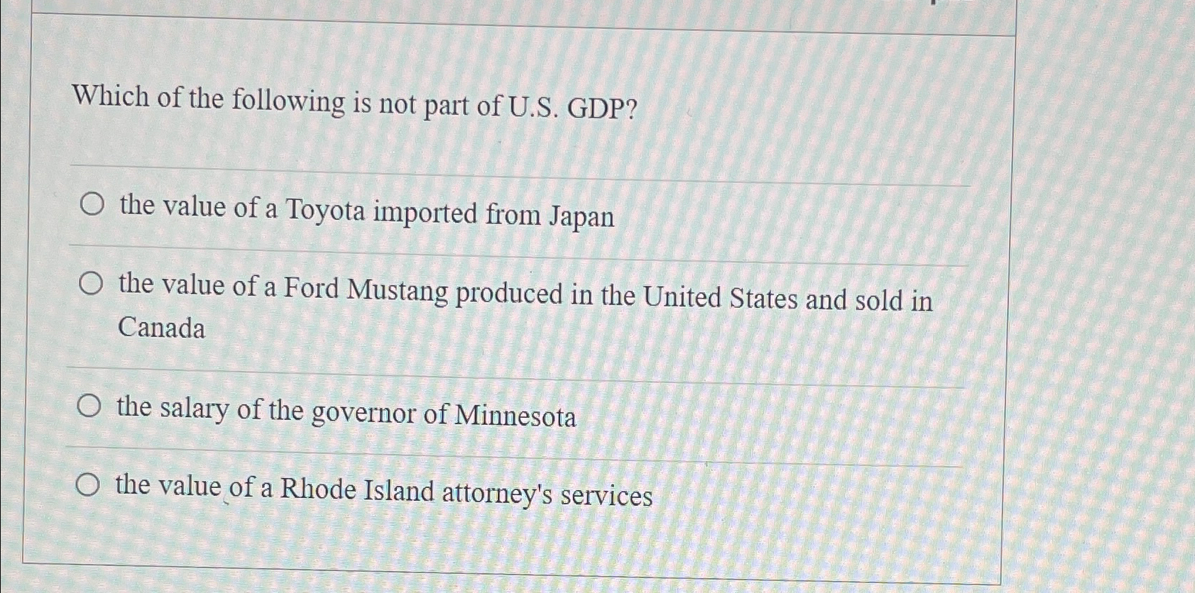 Solved Which of the following is not part of U.S. ﻿GDP?the | Chegg.com
