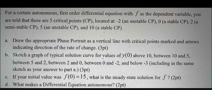 Solved For a certain autonomous, first order differential | Chegg.com